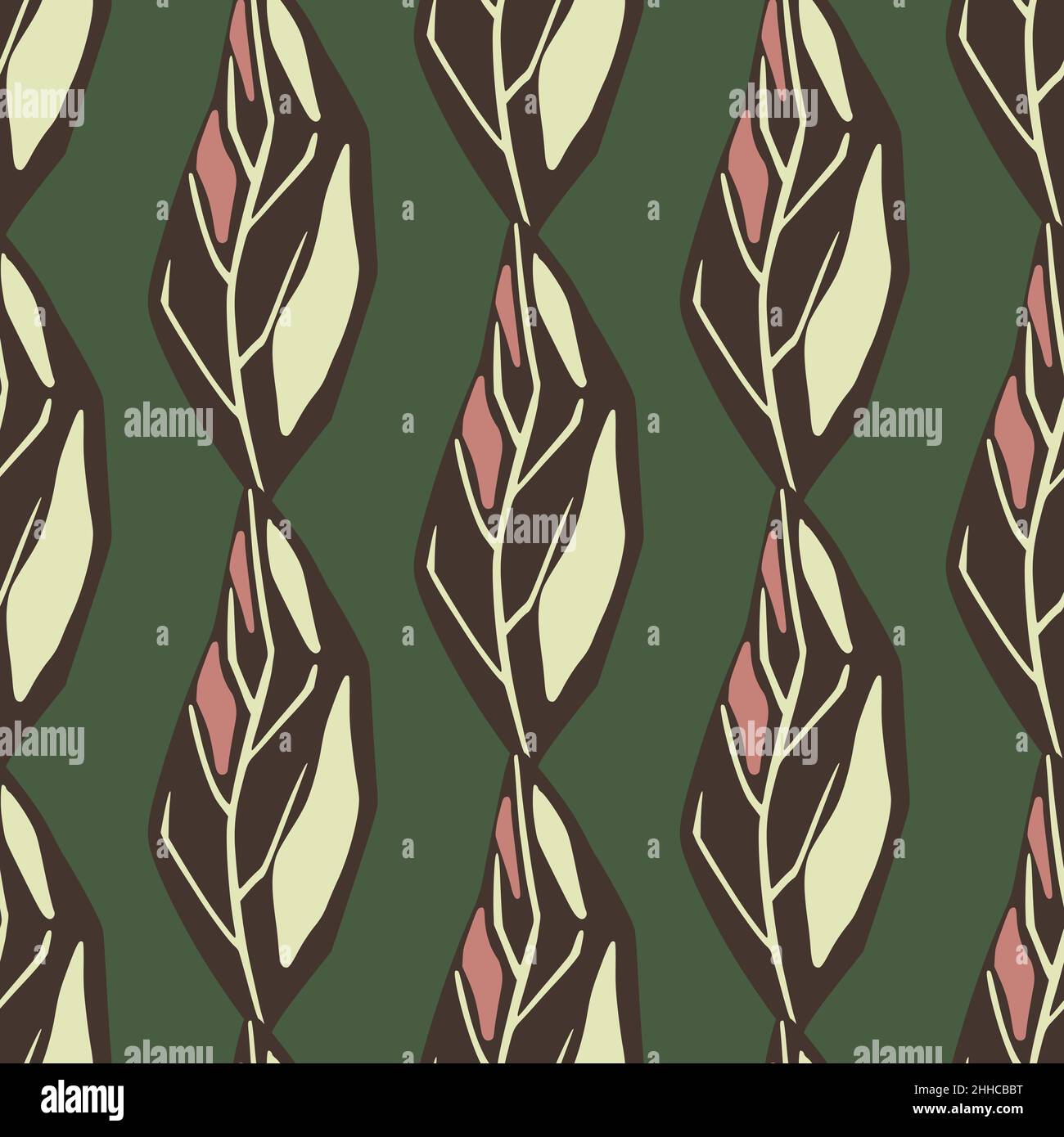 Abstract botanic seamless pattern with brown and pink colored leaf shapes. Green background ...