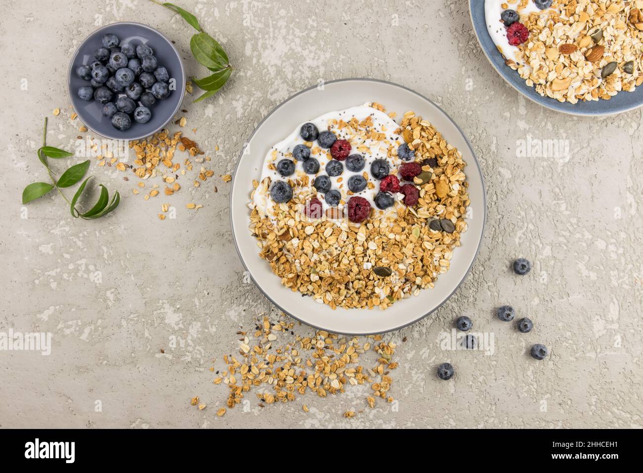 healthy breakfast with homemade granola and fresh organic berries. top ...