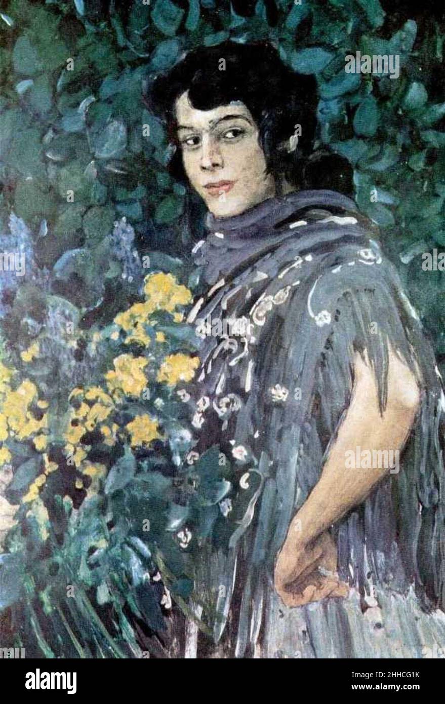 Spanish lady with bucquet of yellow flowers by A.Golovin (1911 Stock ...