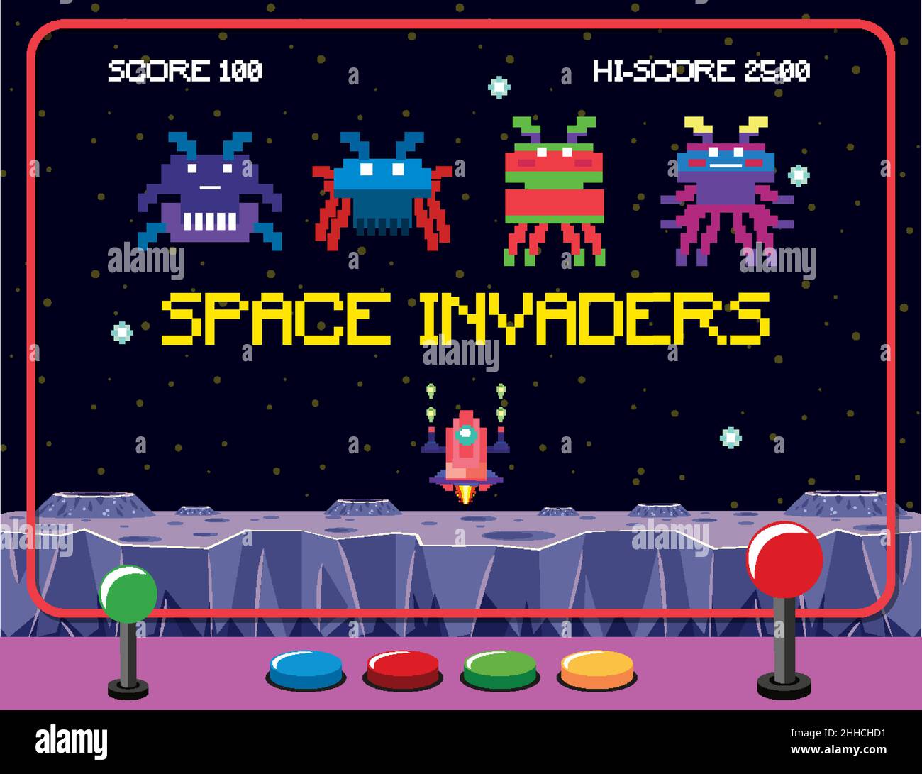 Pixel space game interface with space invaders illustration Stock ...