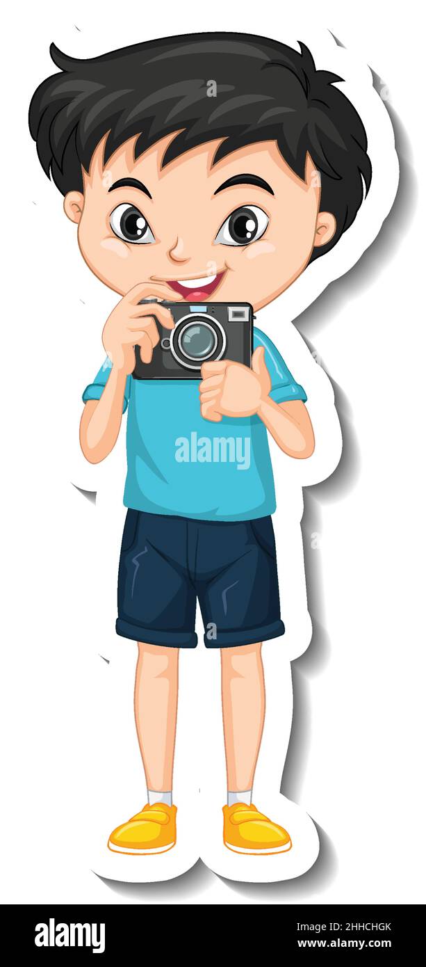 A boy holding a camera cartoon character sticker illustration Stock ...