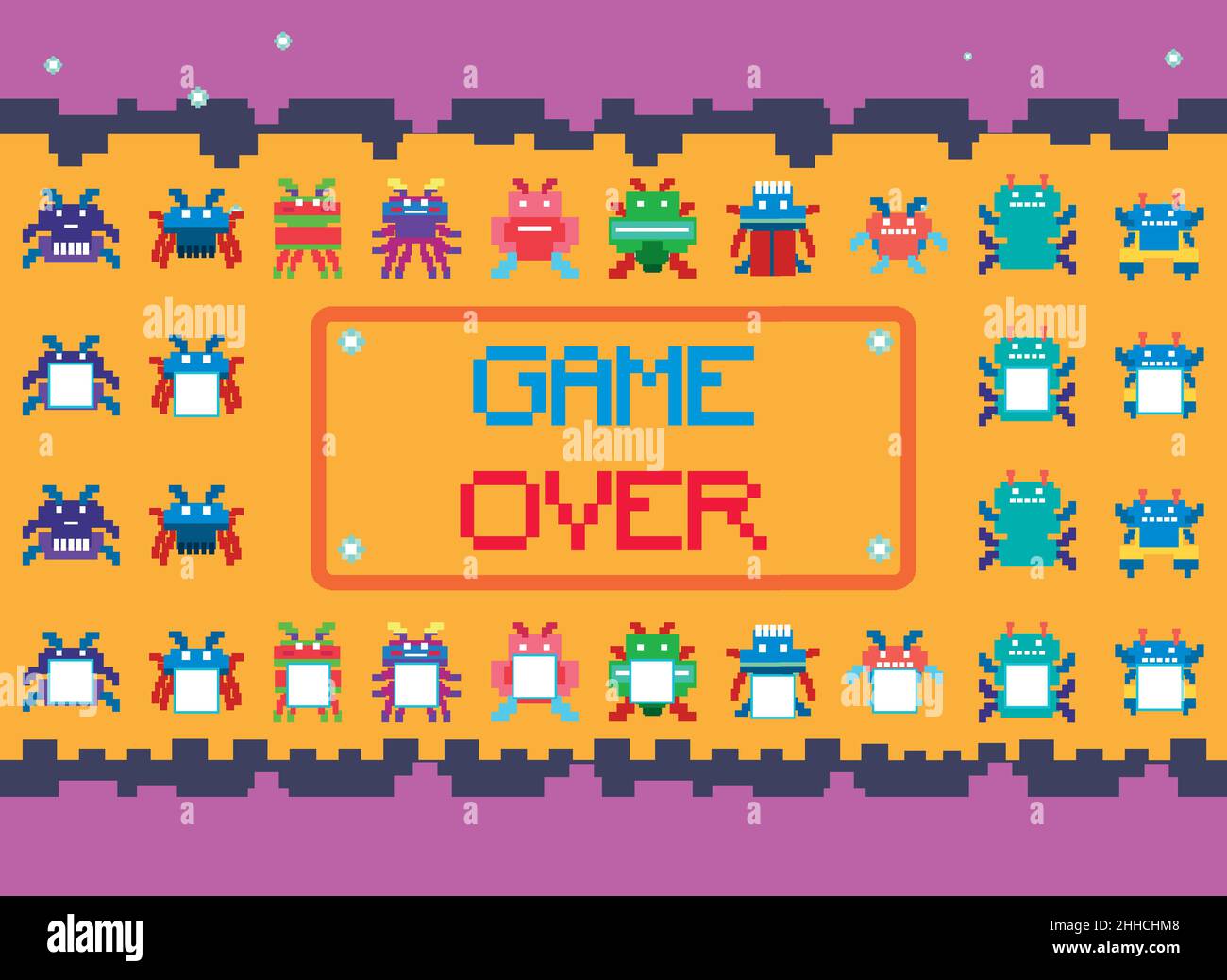 Pixel space game interface with game over button illustration Stock ...