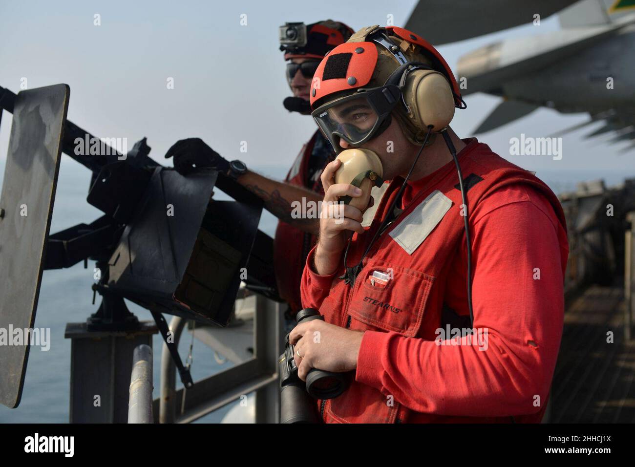 Speaking in to a sound-powered telephone 140305 Stock Photo - Alamy