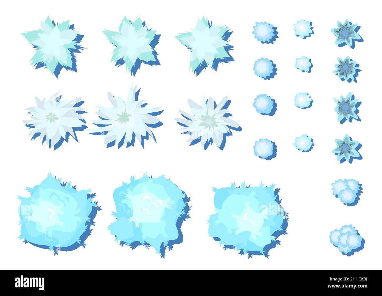 Set of Winter trees and bushes for landscape top view. Snowy frosty ...