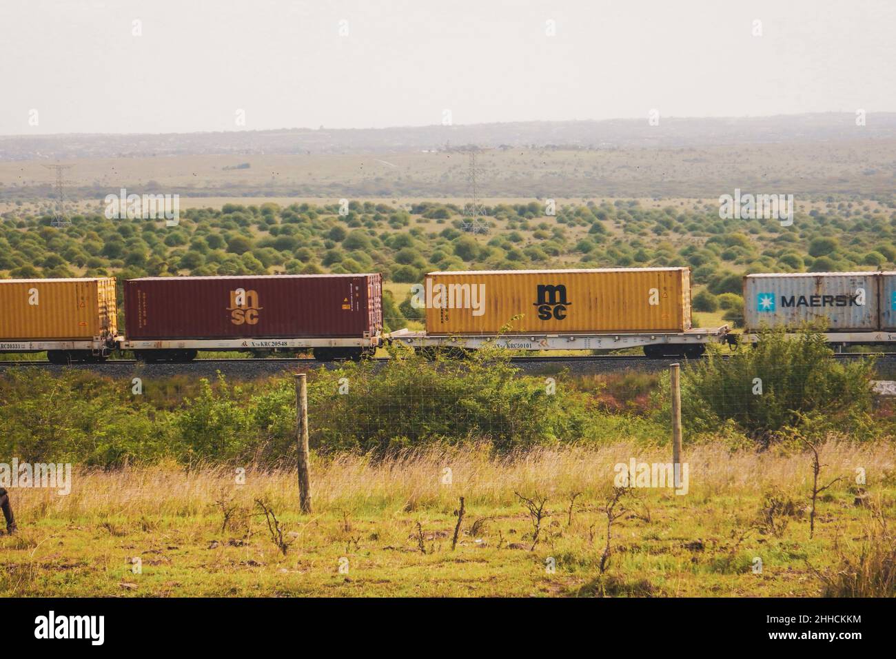 Cargo train on the Nairobi Mombasa Railway seen from Nairobi National ...