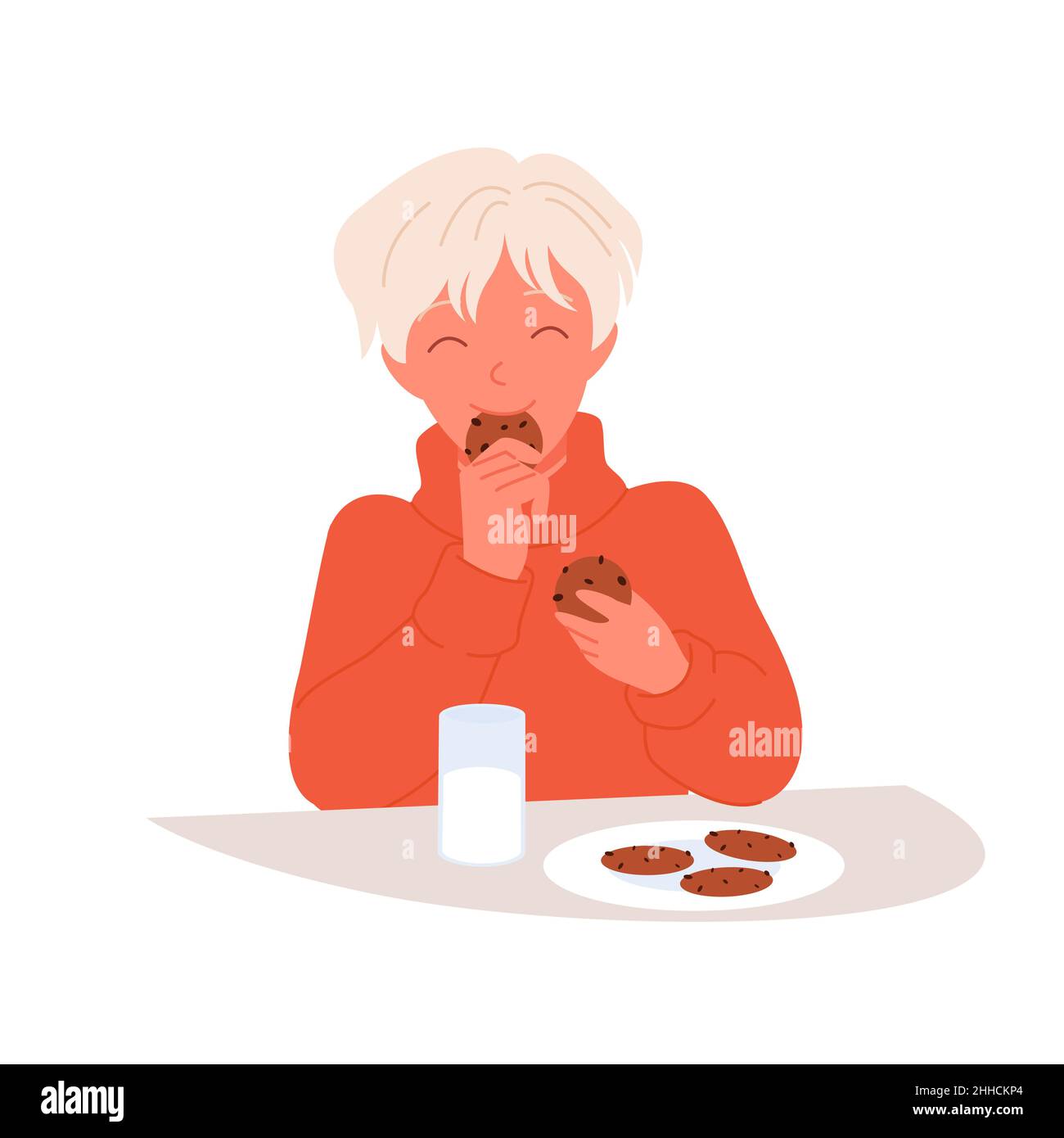 Cute boy eating chocolate cookies, funny child sitting at table with ...