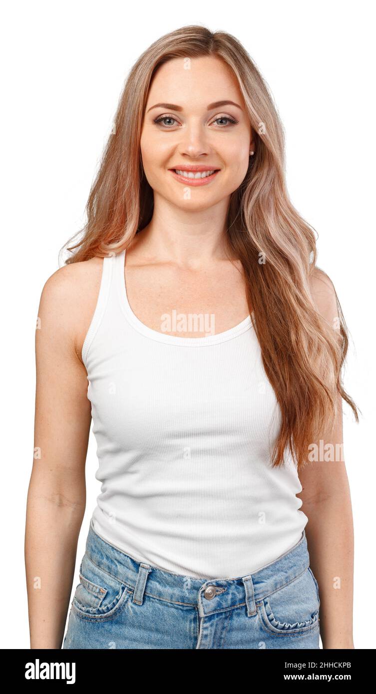 Portrait Of Young Beautiful Girl Smiling Looking At Camera Over White