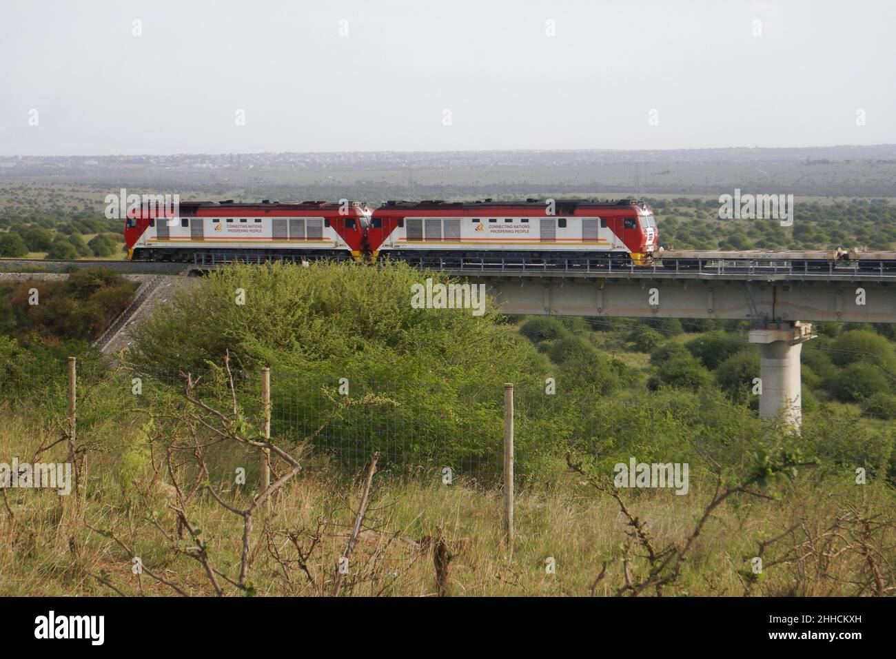 Cargo train on the Nairobi Mombasa Railway seen from Nairobi National ...