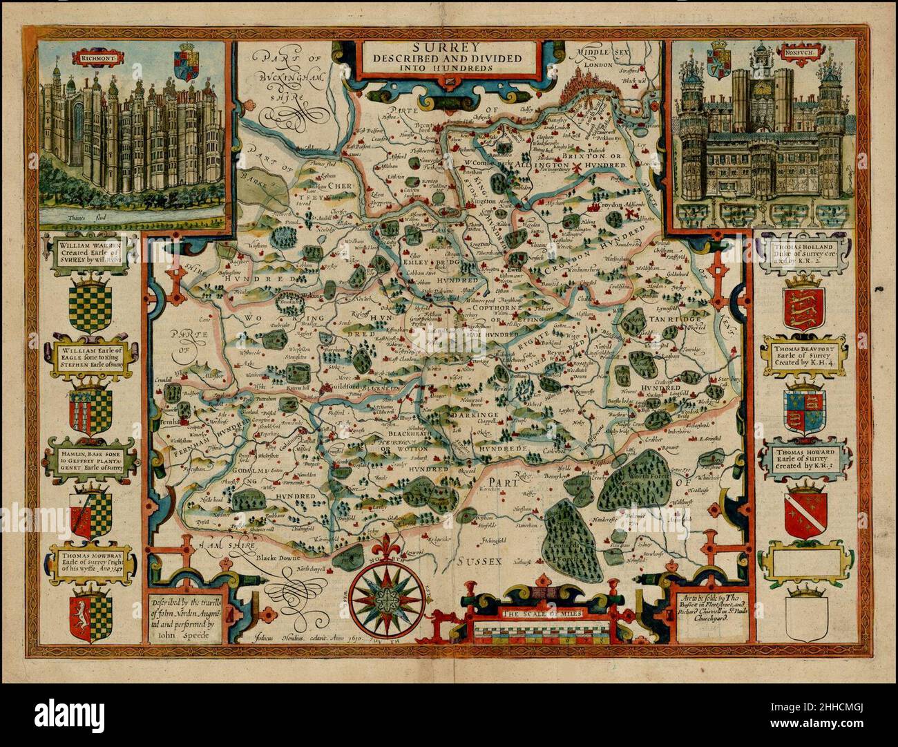 Speed's Map of Surrey 1610 colour full Stock Photo - Alamy