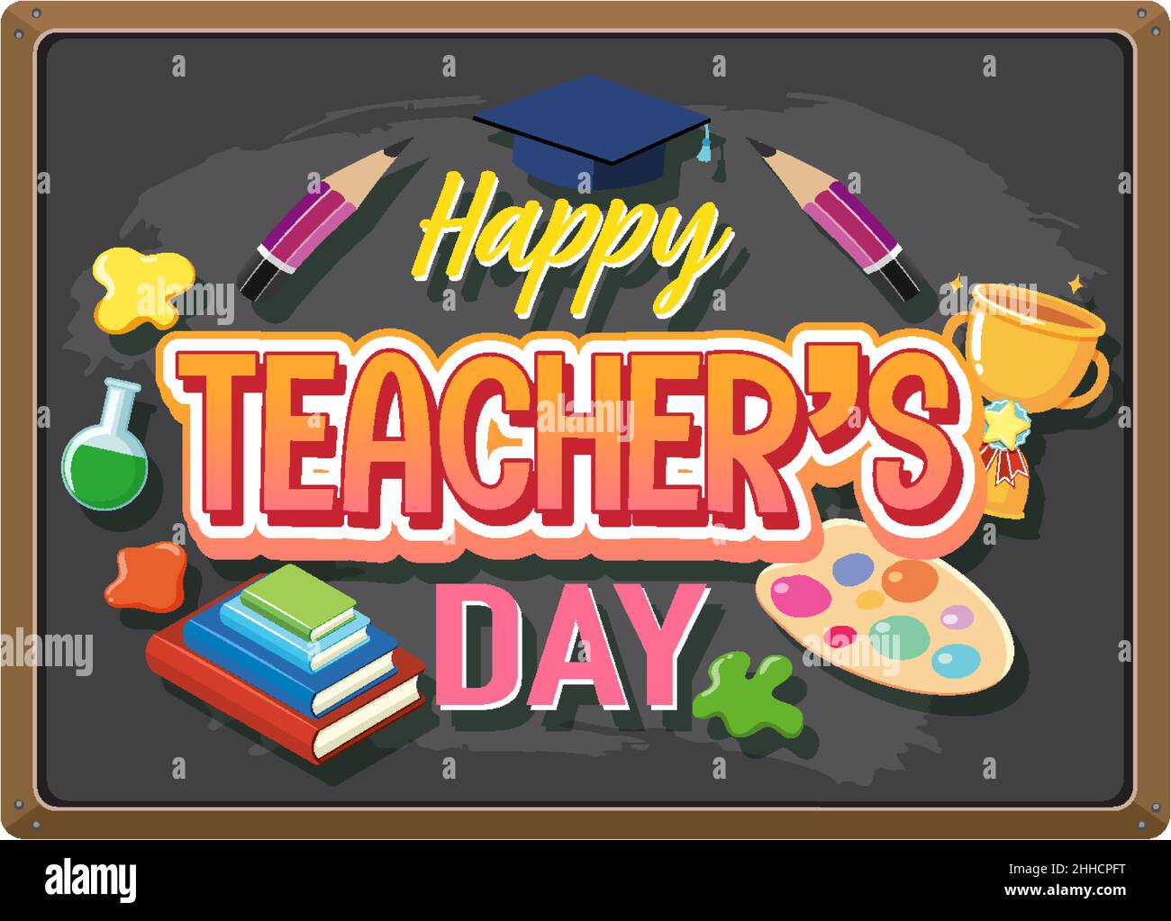 Happy Teacher's Day with a female teacher pointing on chalkboard ...