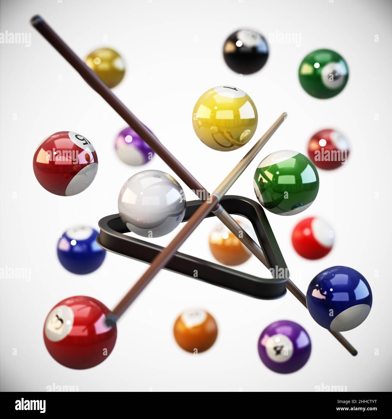 Pool or billiard balls, cues and triangle on white background. 3D ...