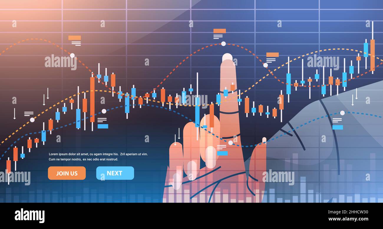 trader hand analyzig falling down stock market trading graph ...