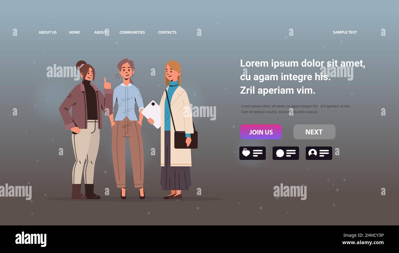 young girls in casual clothes discussing during meeting female cartoon ...