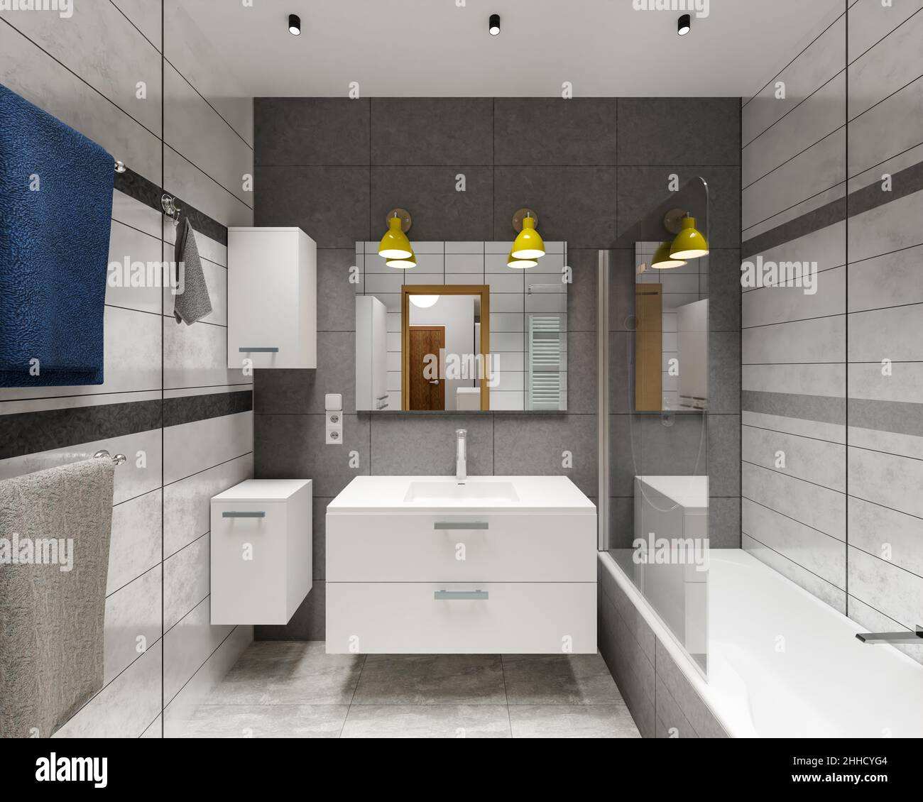 Interior of a compact bathroom in a block building, made in gray tones ...