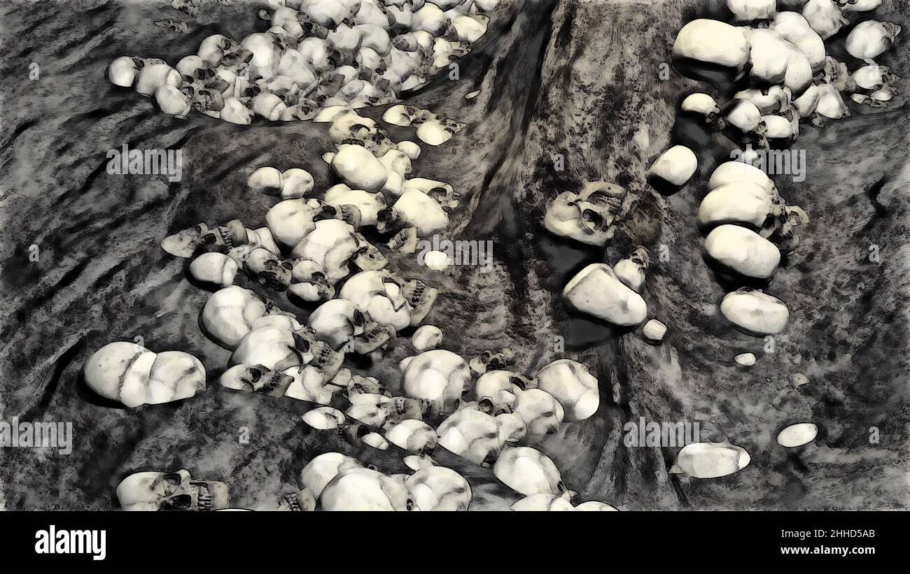 3d illustration - Old human skulls left over from the battle. The ...