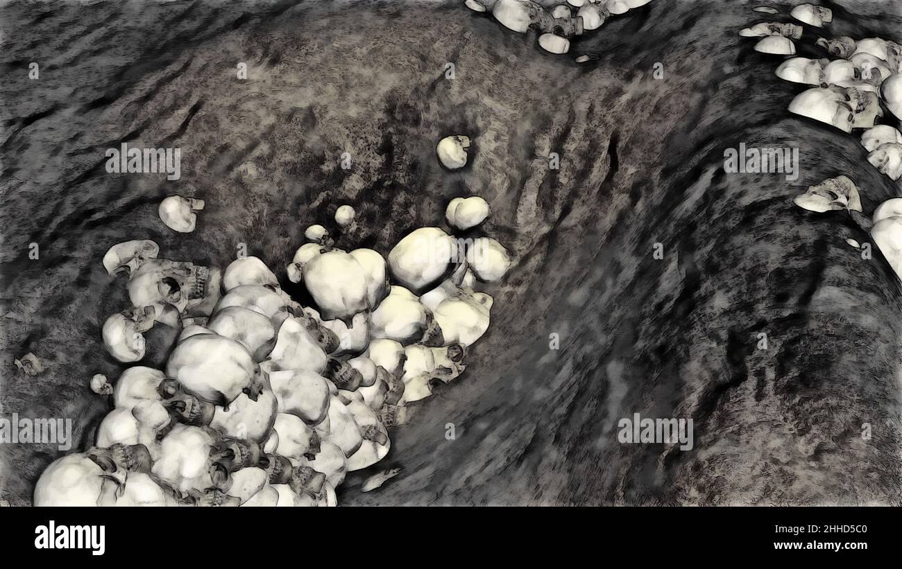 3d illustration - Old human skulls left over from the battle. The ...