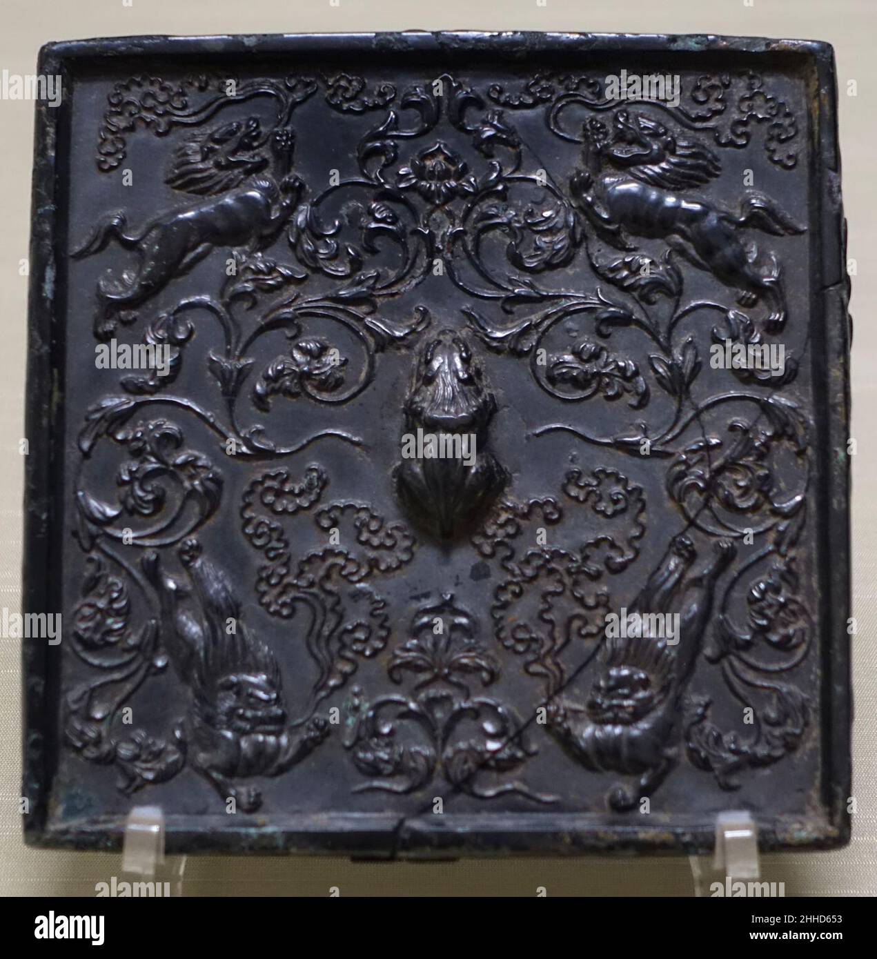 Square mirror with auspicious flower and suan'ni beast design ...