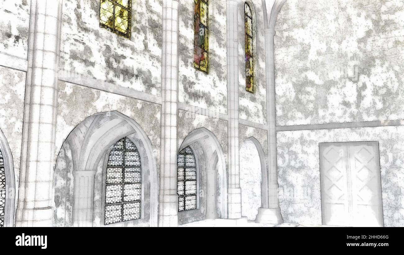 3d illustration - Interior of Church architecture in comic style ...
