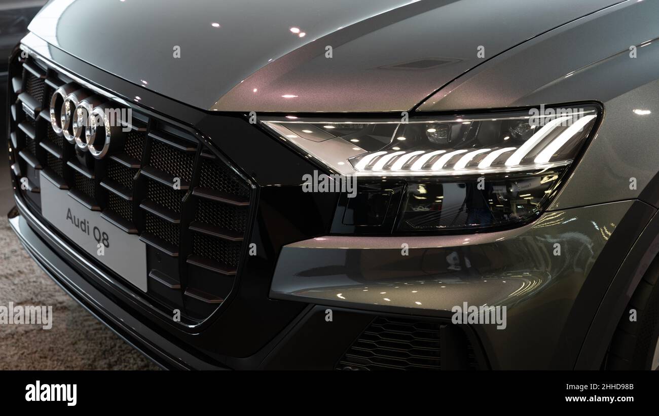 Minsk, Belarus - Dec 20, 2021: Audi q8 car in a car dealership, close ...