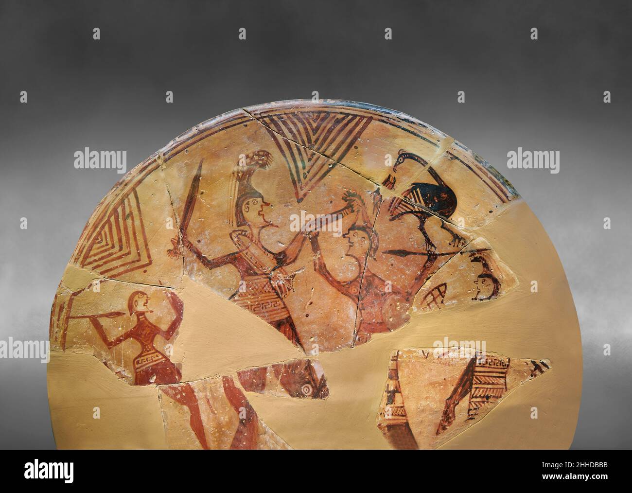 Ancient Greek terracotta voitive shield painted with warriors fighting ...