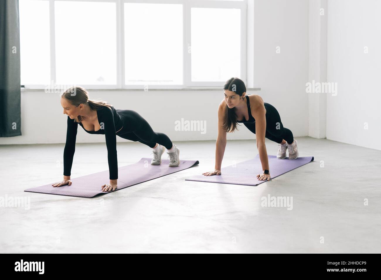 Two Young Fit Atletic Women Hold a Plank Position in Order to Exercise ...