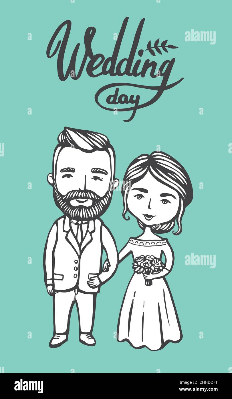 Wedding couple cards. Hipster groom with mustache, beard with bride ...