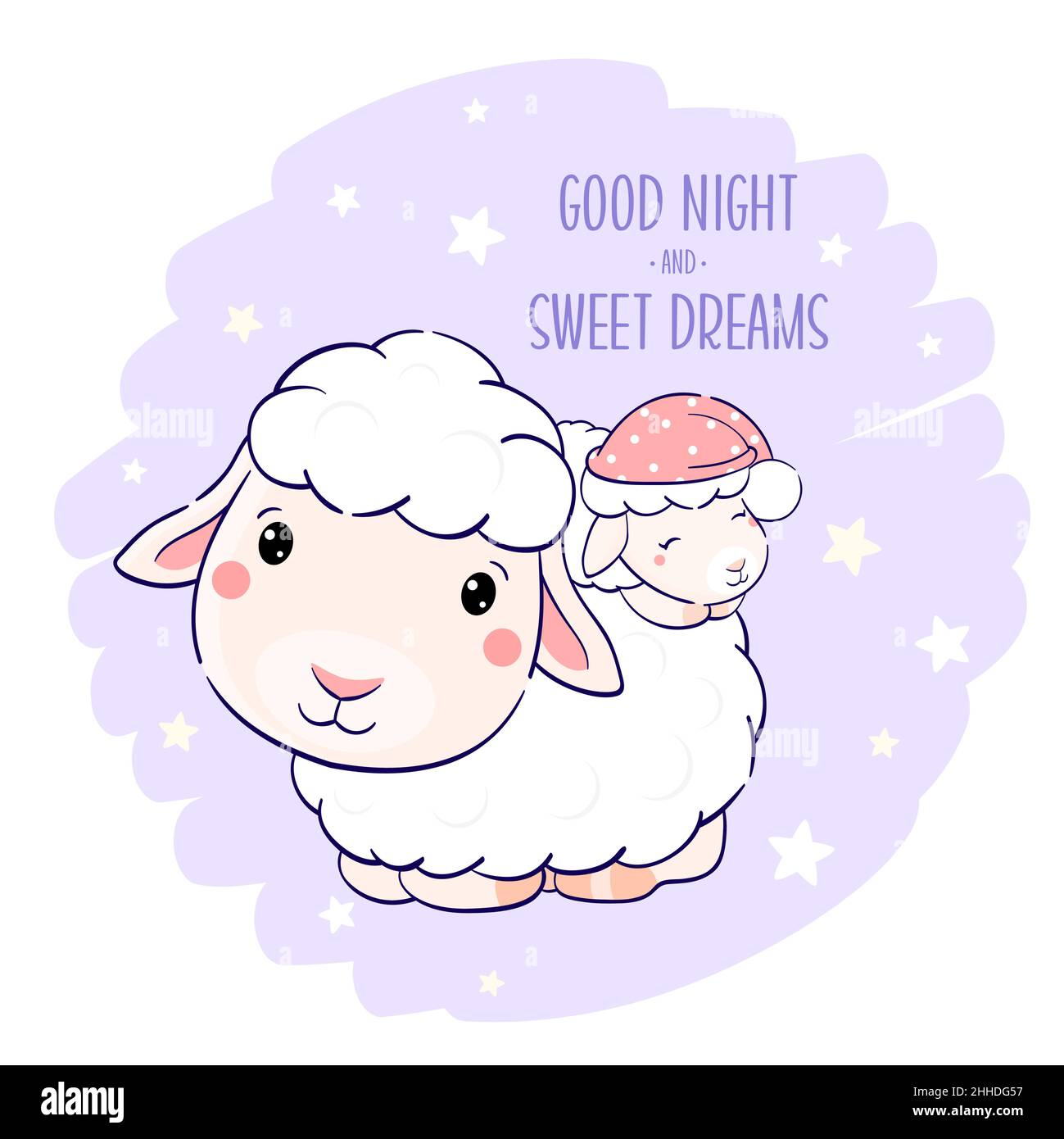 Cute sheep and sleeping lamb. Inscription Good night and sweet dreams ...