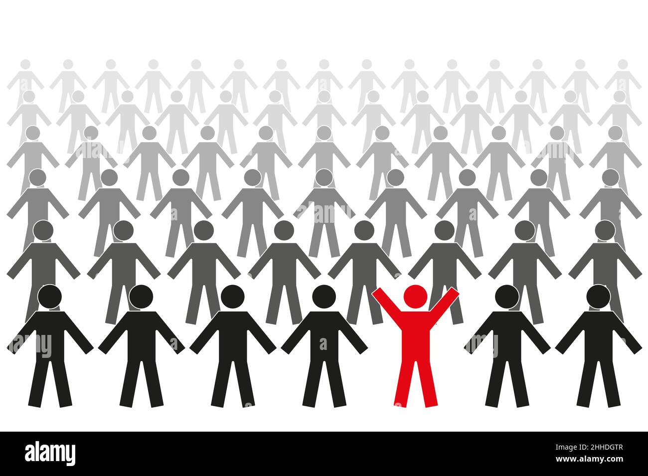 Individuality concept. One individual red man with many different black ...