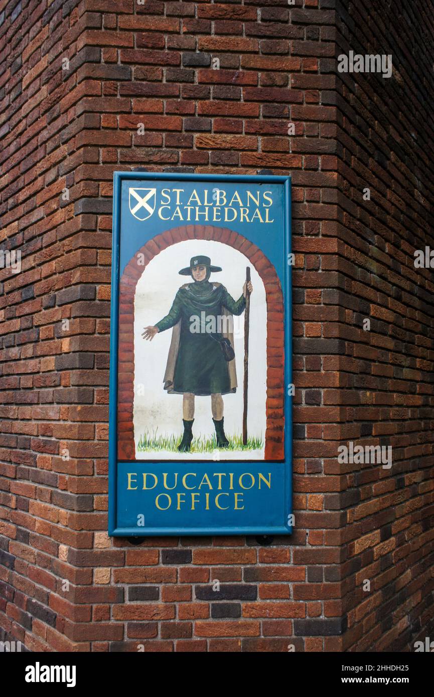 St Albans Cathedral, St Albans, Hertfordshire, UK; wooden sign for ...
