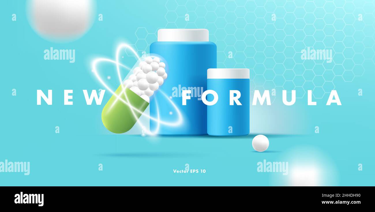 web banner with drug medicine bottles and pill, new formula promo, blue ...