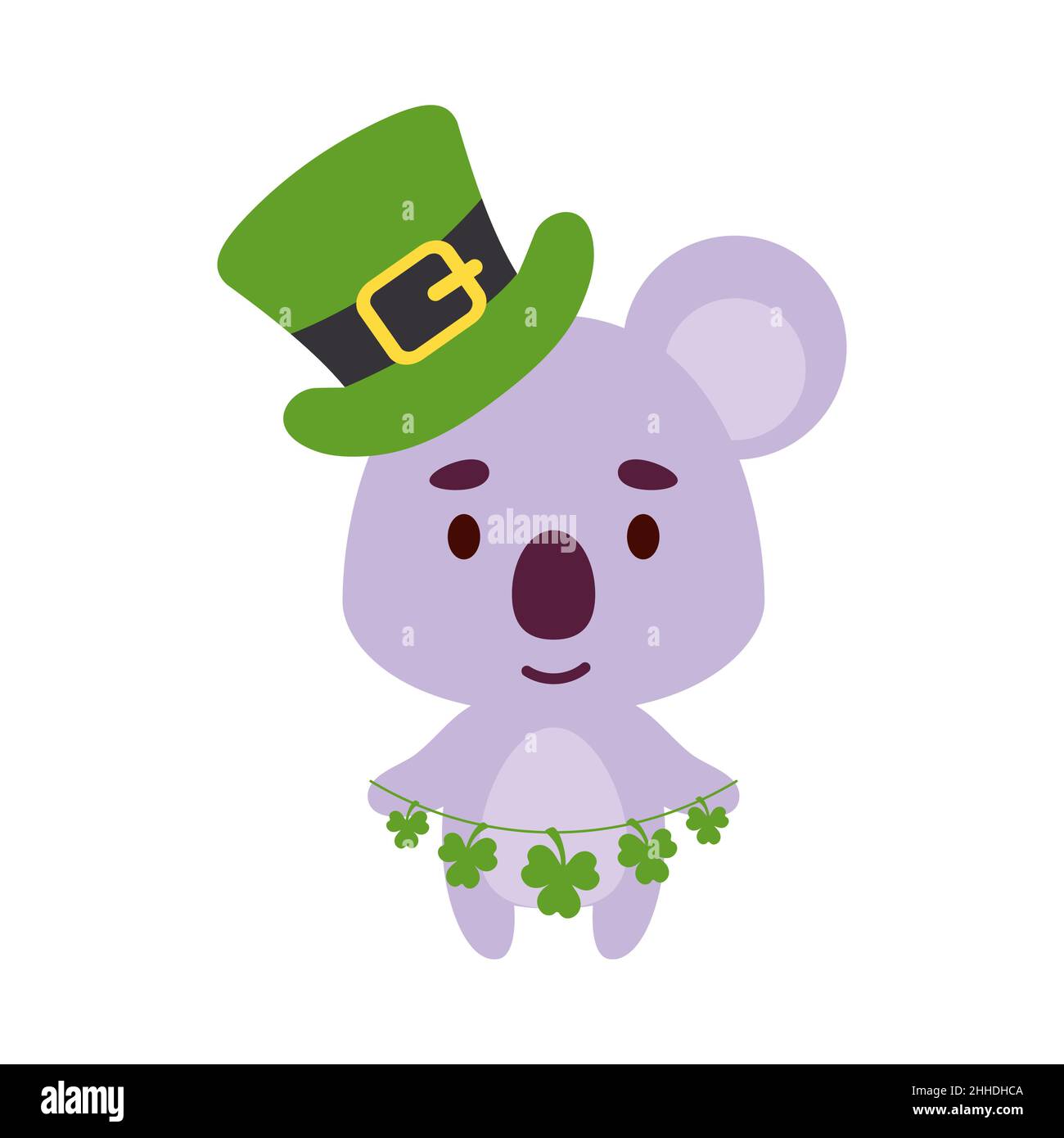 Cute koala in St. Patrick's Day leprechaun hat holds shamrocks. Irish ...