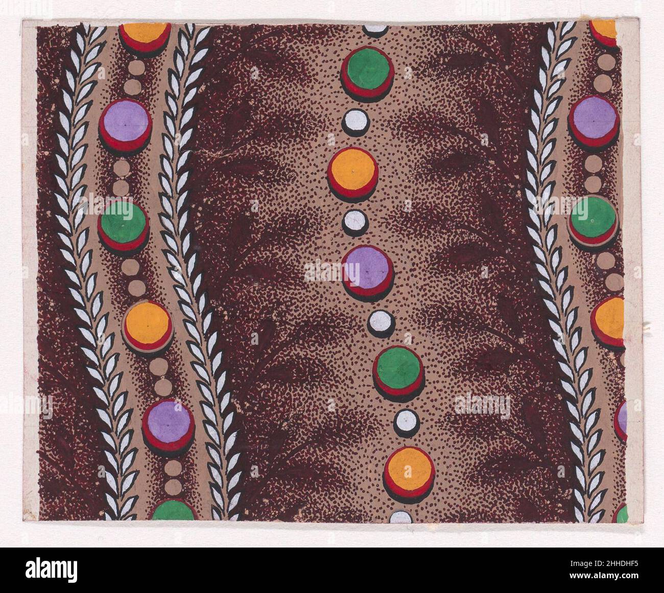 Textile Design with Vertical Undulating Ribbons Framed by Garlands of ...