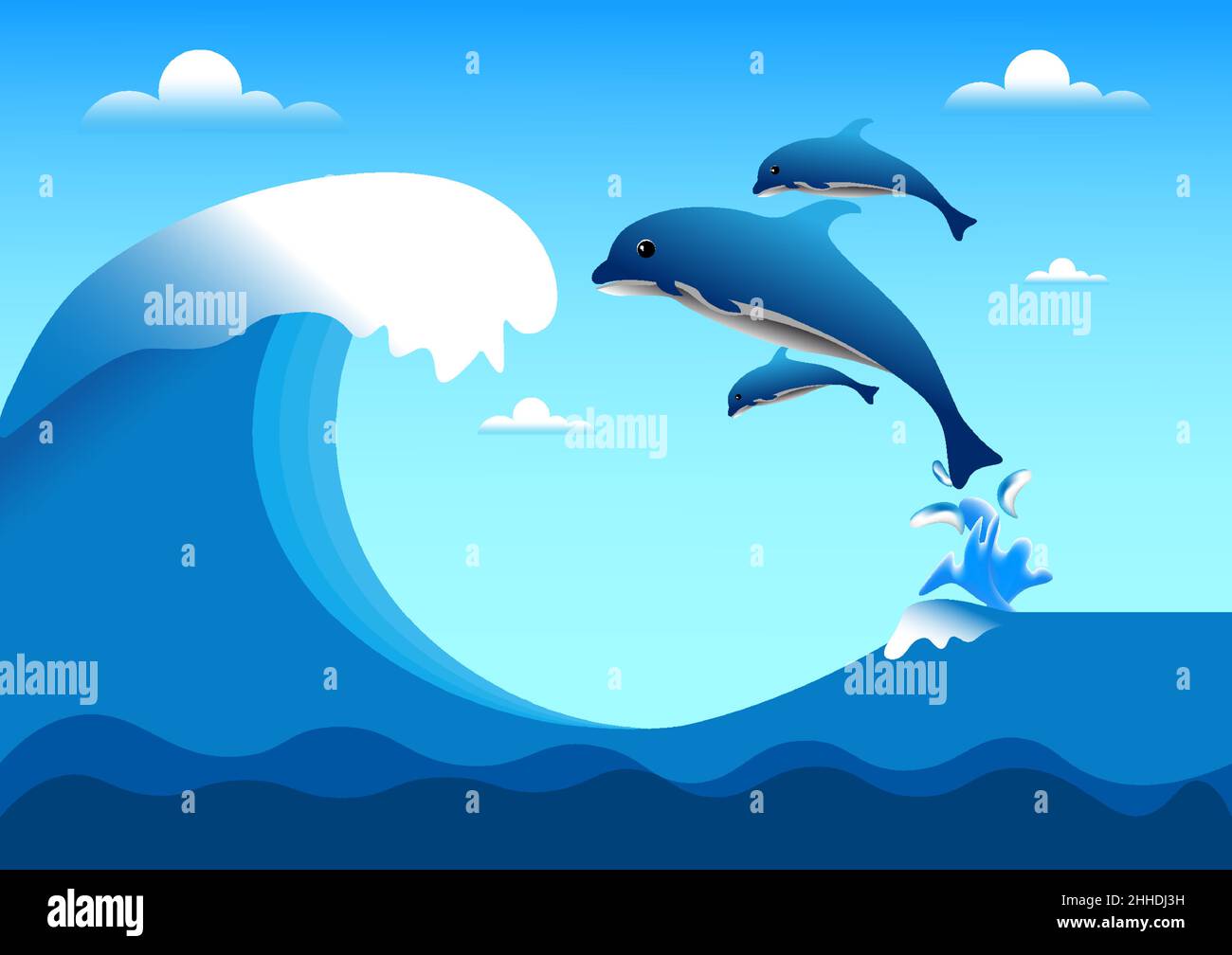 drawing dolphin fish and wave ocean happy jumping with wave vector ...