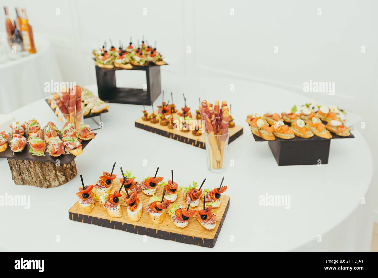 festive buffet table with various snacks of fish and meat Stock Photo ...