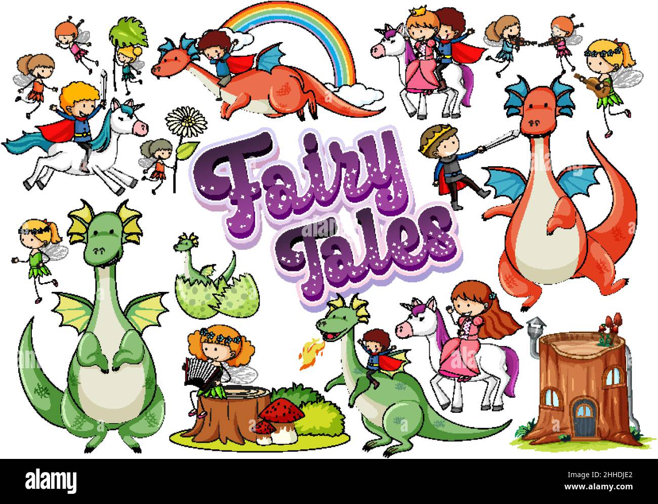 Set of dragon and fairy tale cartoon characters illustration Stock ...