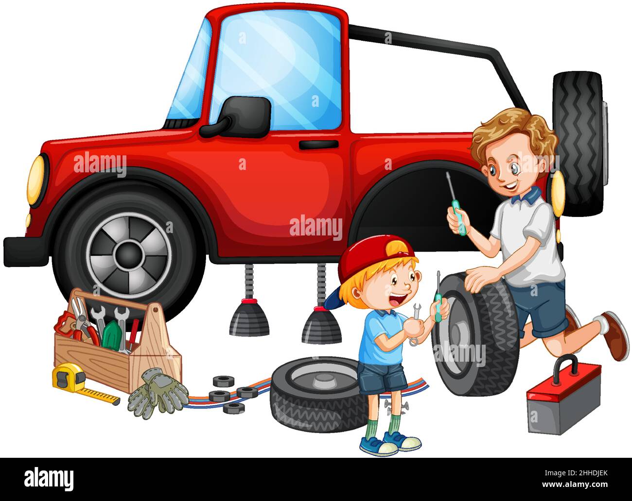 Dad and son fixing a car together on white background illustration ...