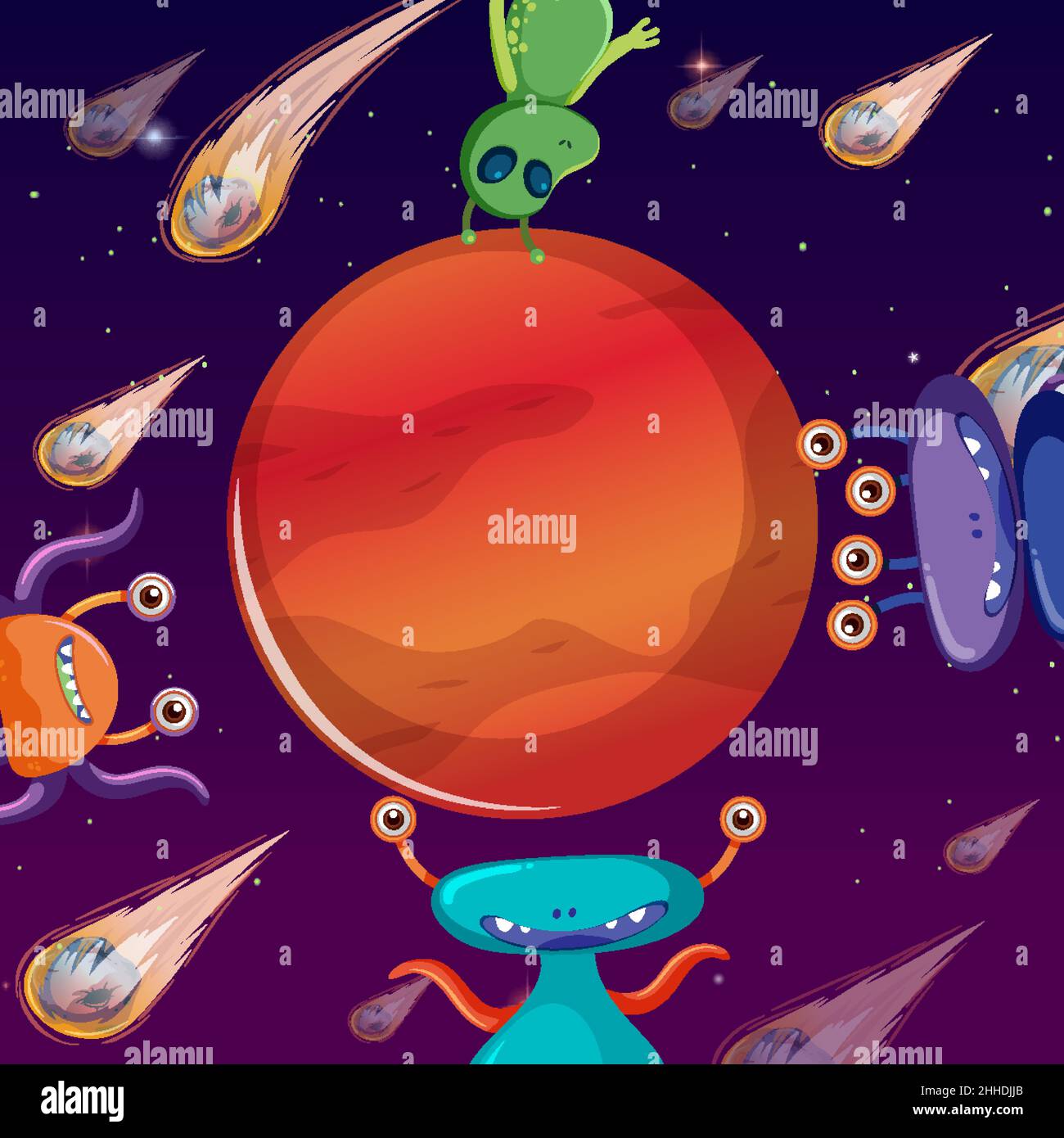 Aliens in outer space with Mars planet in cartoon style illustration ...
