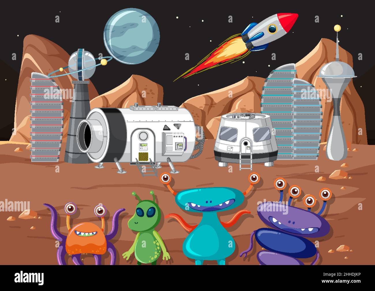 Outer space planet with aliens in cartoon style illustration Stock ...