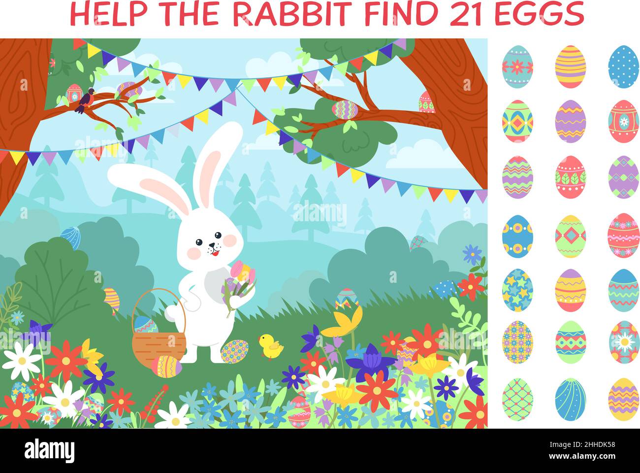 Eggs hunt. Easter puzzle game location with bunny and egg in garden or ...