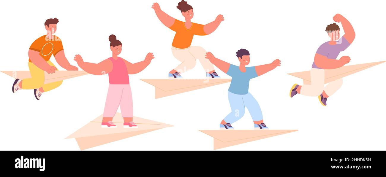 Happy children flying on paper planes. Kids competition or joyful play ...