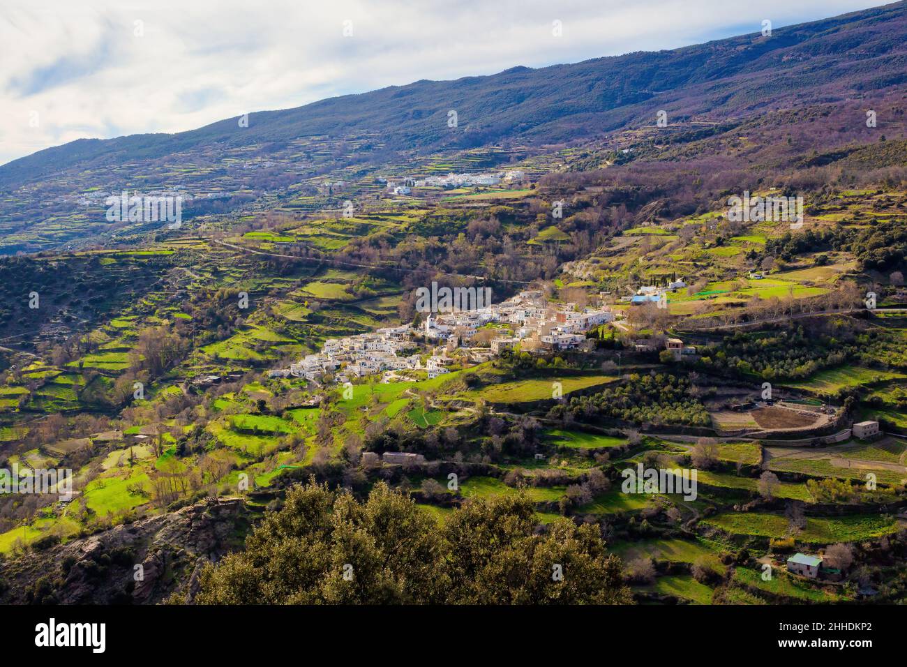 View of white villages staggered in the high mountains of the Alpujarra ...