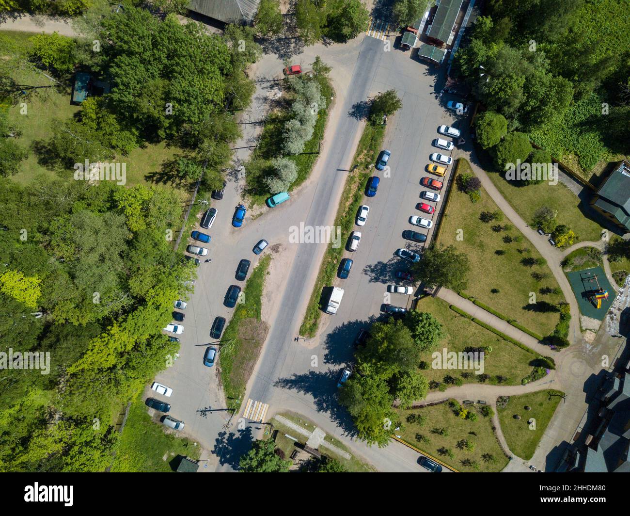 Aerial top view. Open-air car parking lot near a park or forest Stock ...