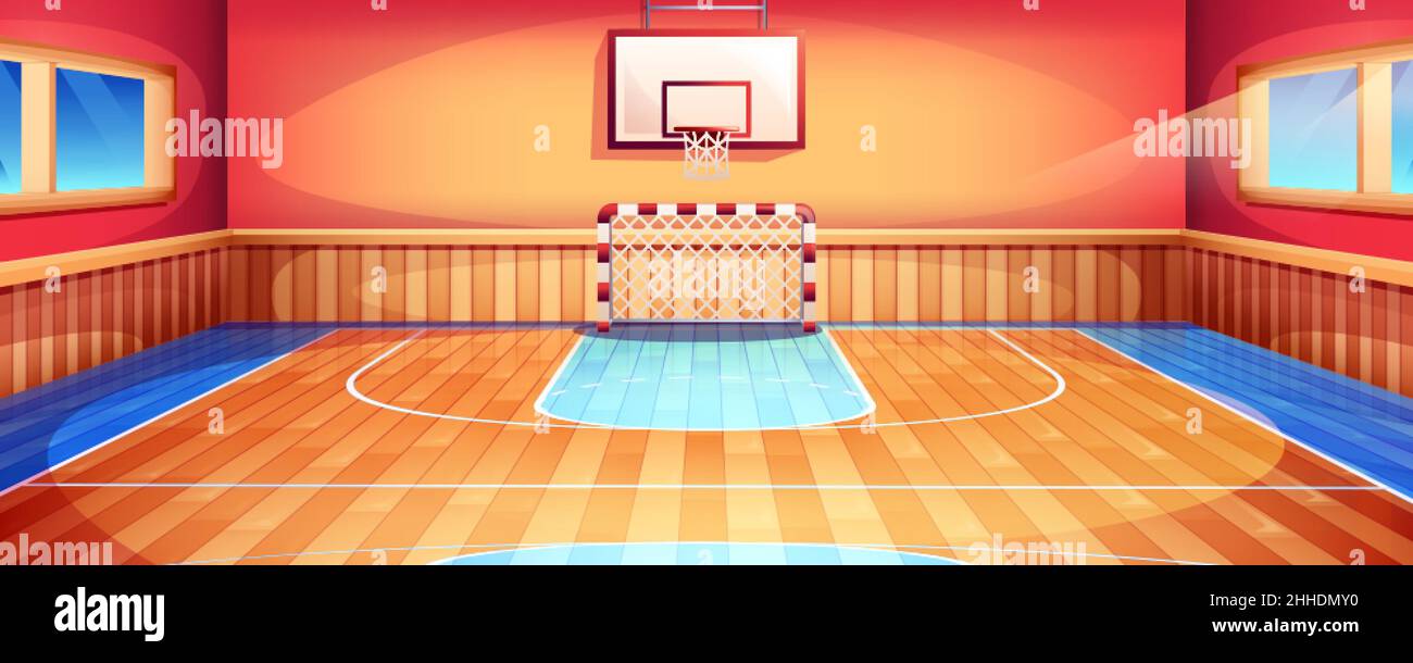 Cartoon school gym with gymnasium basketball court. Sport hall interior ...
