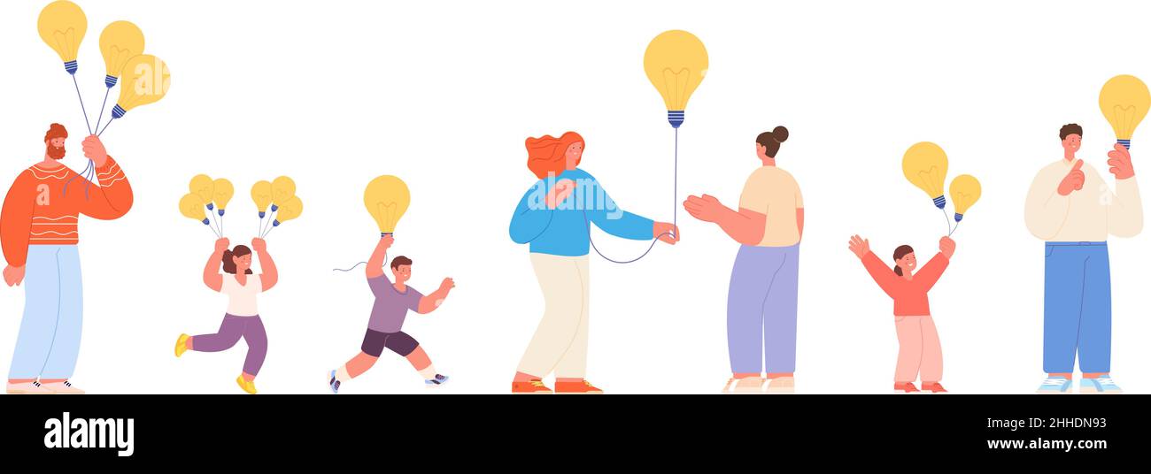 Creative ideas. Adults children with new idea, happy creativity ...