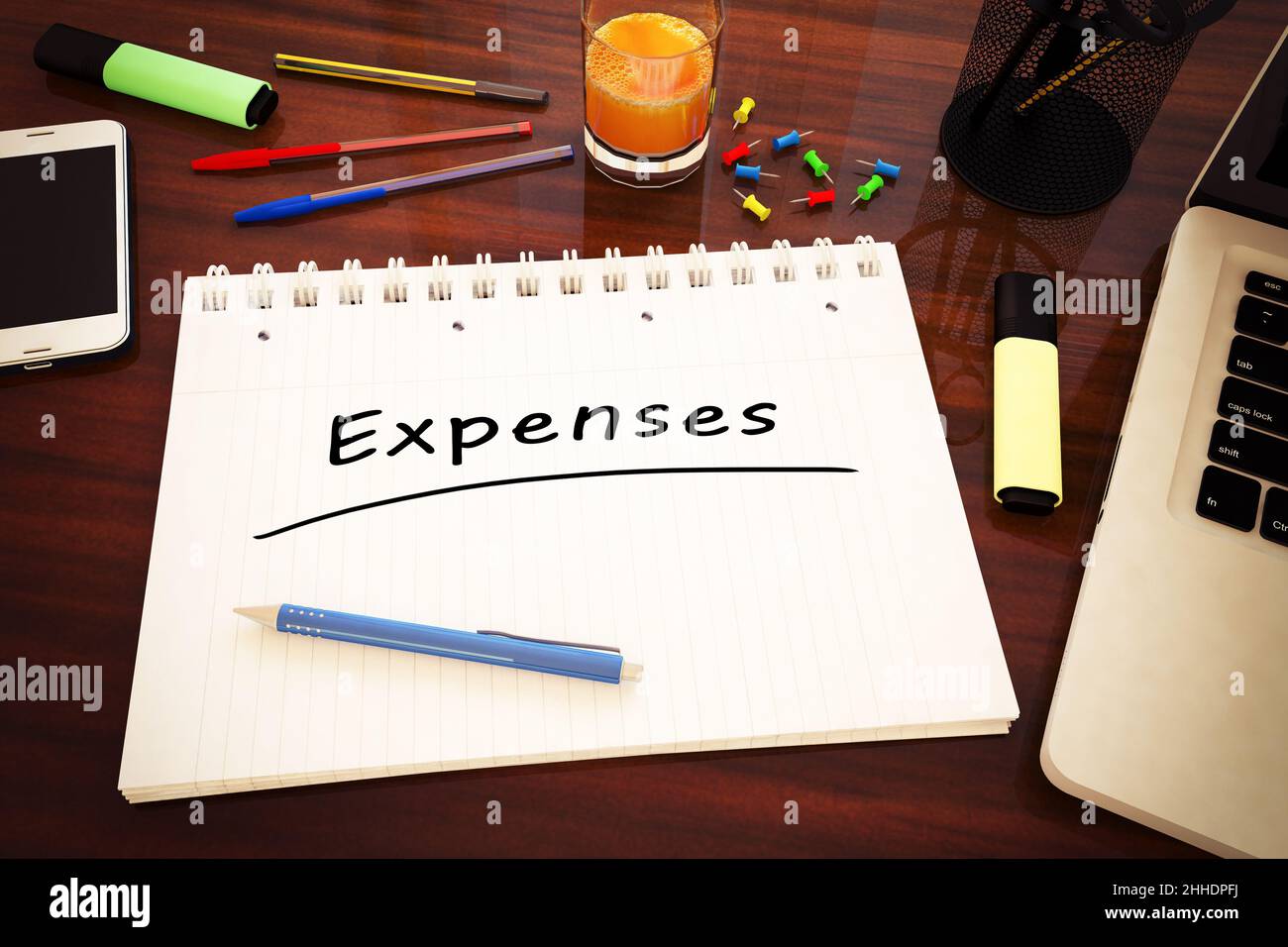 Expenses - handwritten text in a notebook on a desk - 3d render ...