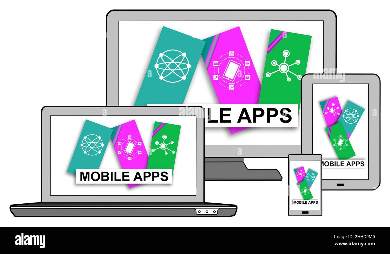 Mobile apps concept on different devices, isolated on white Stock Photo ...