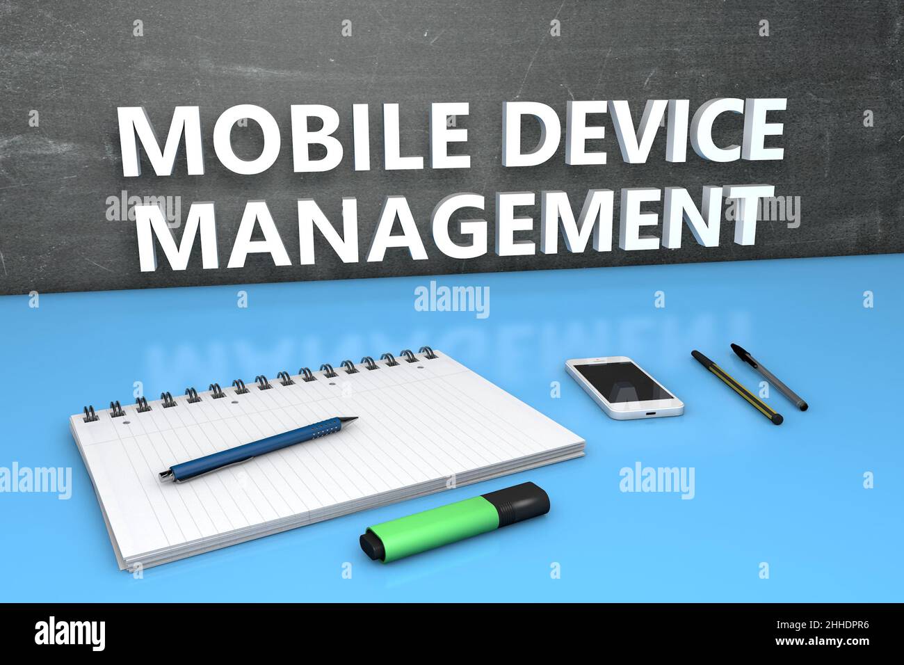 MDM - Mobile Device Management - text concept with chalkboard, notebook ...