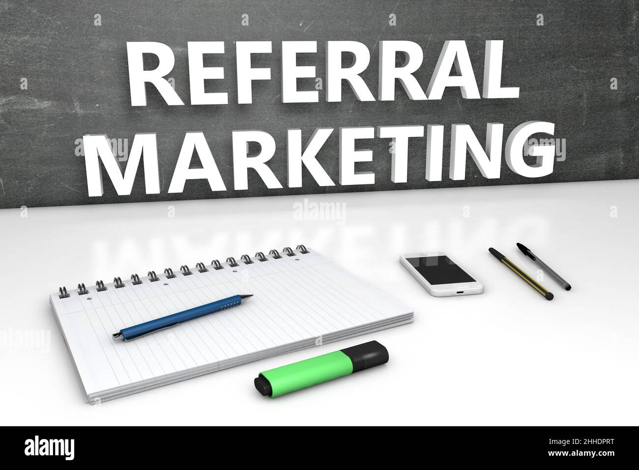 Referral Marketing - text concept with chalkboard, notebook, pens and ...