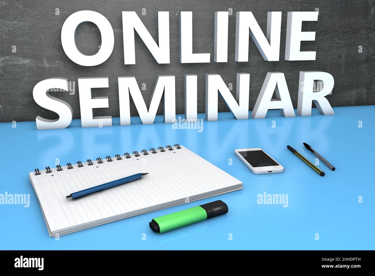 Online Seminar - text concept with chalkboard, notebook, pens and ...