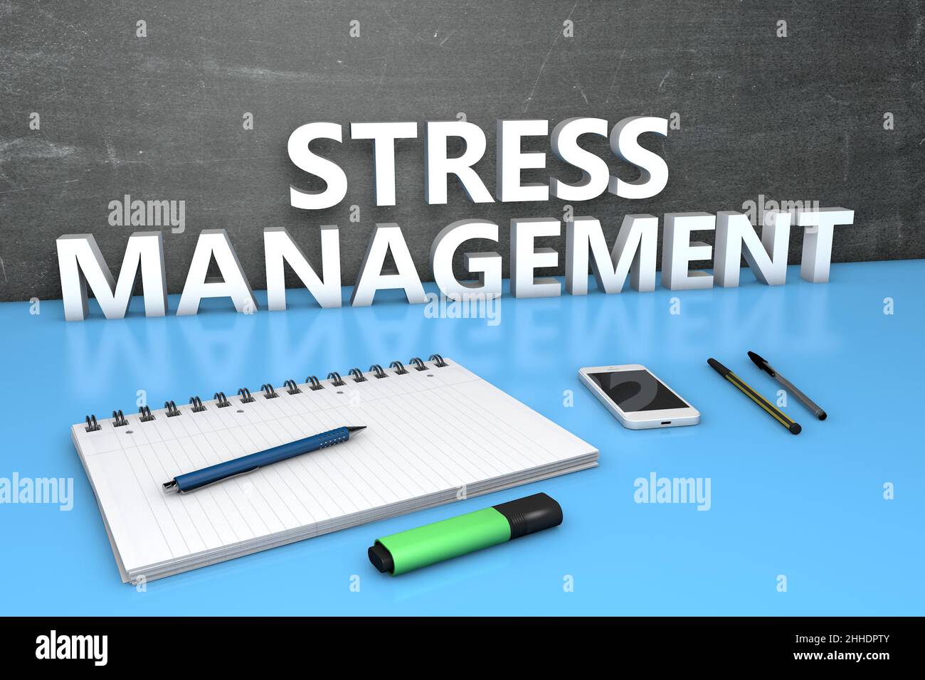 Stress Management - text concept with chalkboard, notebook, pens and ...